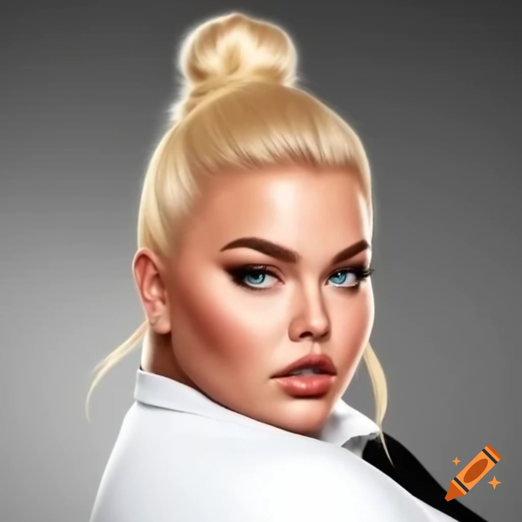 Plus-size blonde woman with sleek bun hairstyle in white shirt and ...