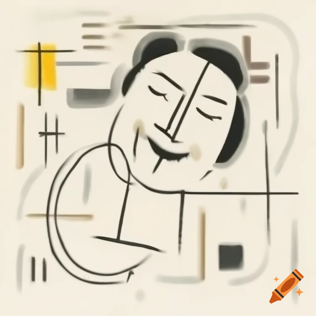 Abstract expressionist line drawing of a laughing face with geometric ...