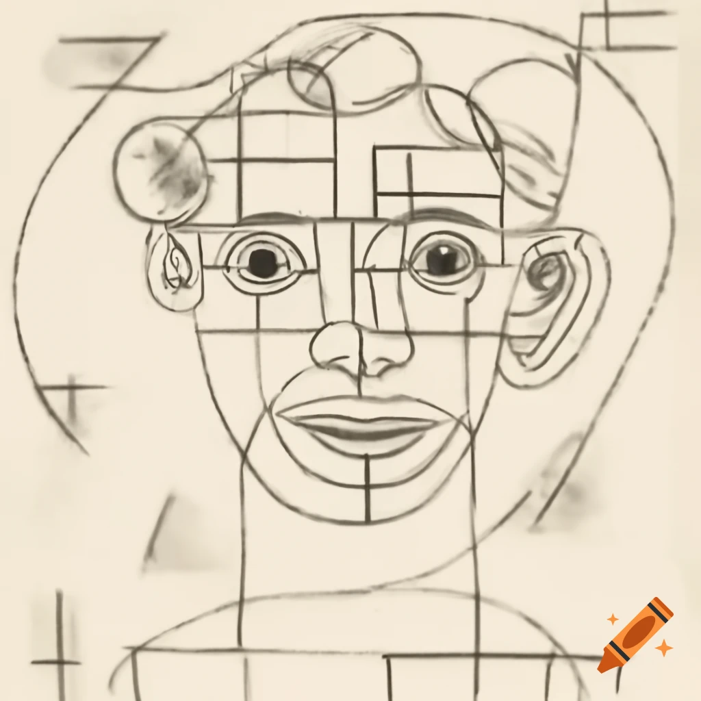 Abstract line drawing of a laughing face in cubism and expressionism ...