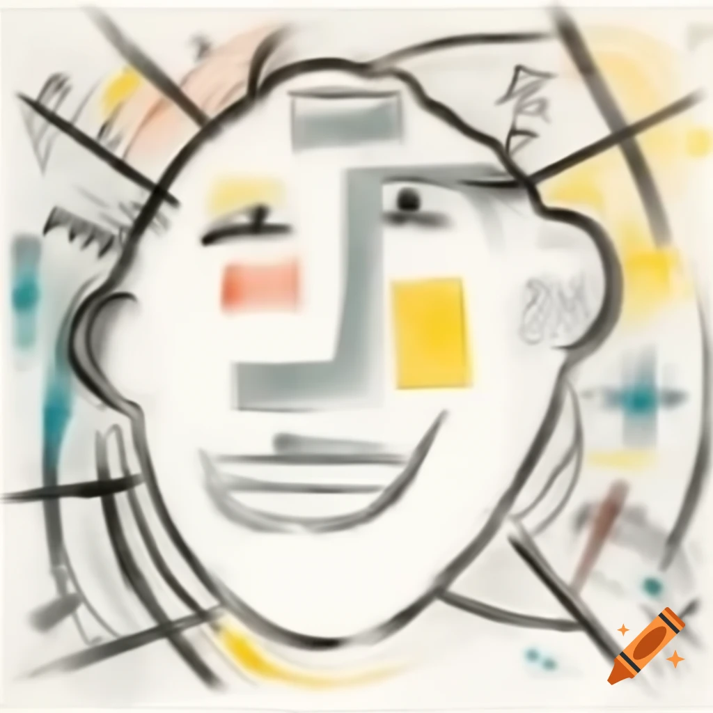 Abstract expressionist line drawing of a laughing face with geometric ...