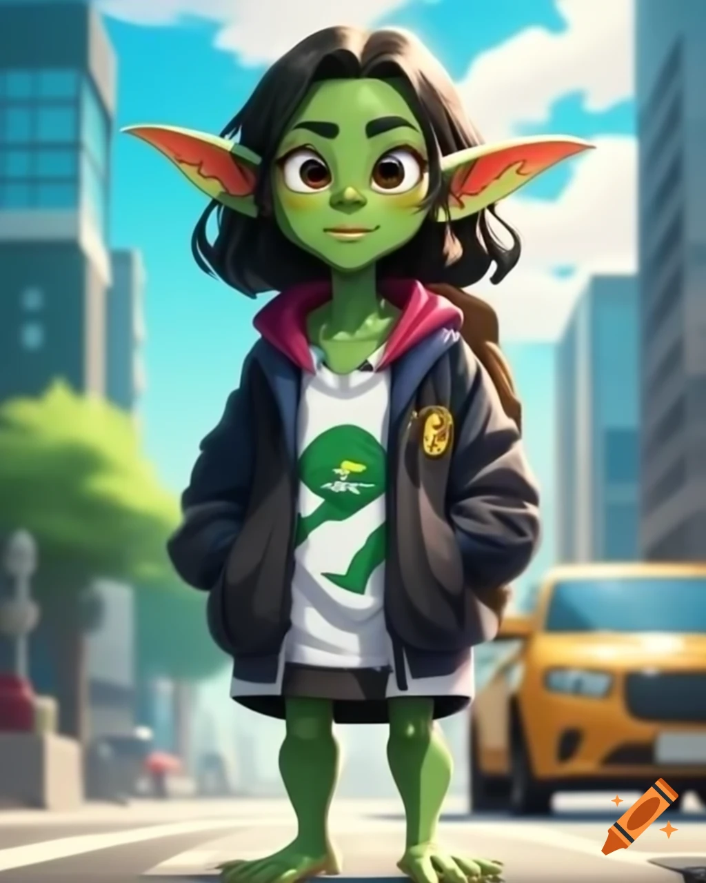 Anime depiction of barefoot green-skinned goblin girl in college jacket ...
