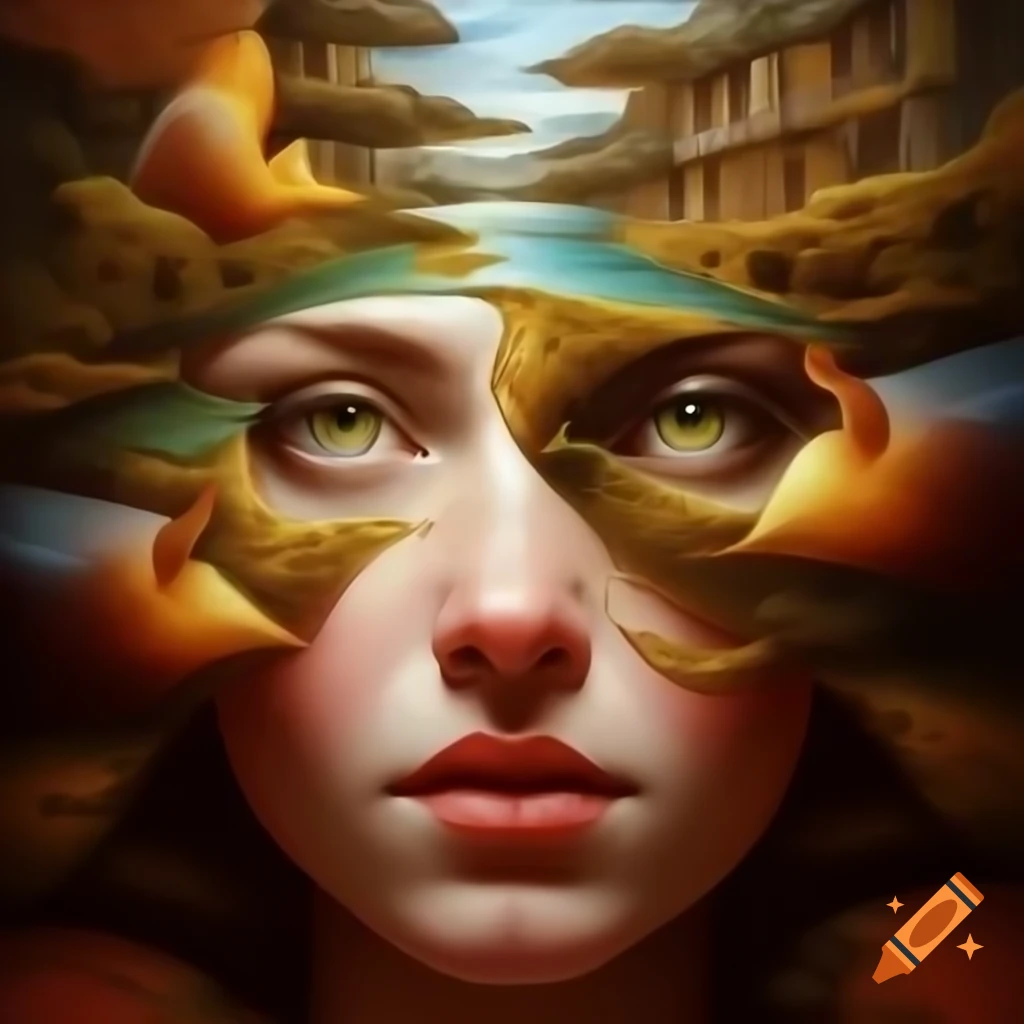 Surreal oil painting of woman's face with symbolic sections depicting stories on Craiyon
