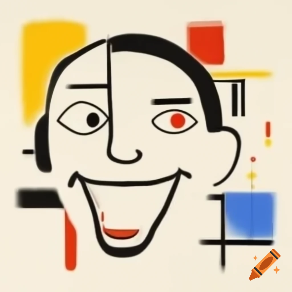 Abstract line drawing of a laughing face with geometric curves in mixed ...