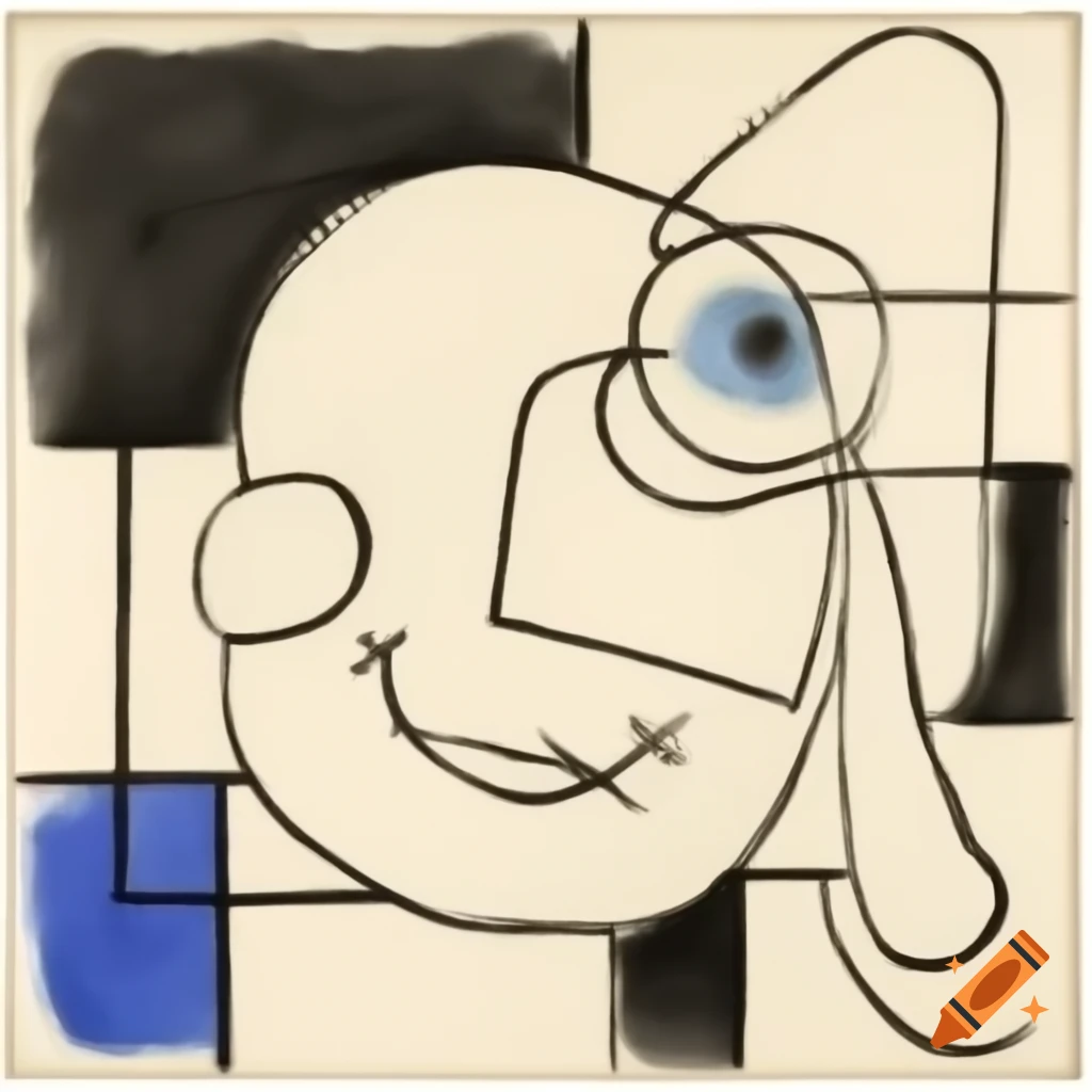 Abstract expressionist line drawing of a laughing face with geometric ...