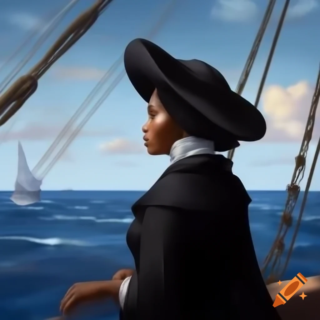 African-American female pilgrim looking at the sky on a ship on Craiyon
