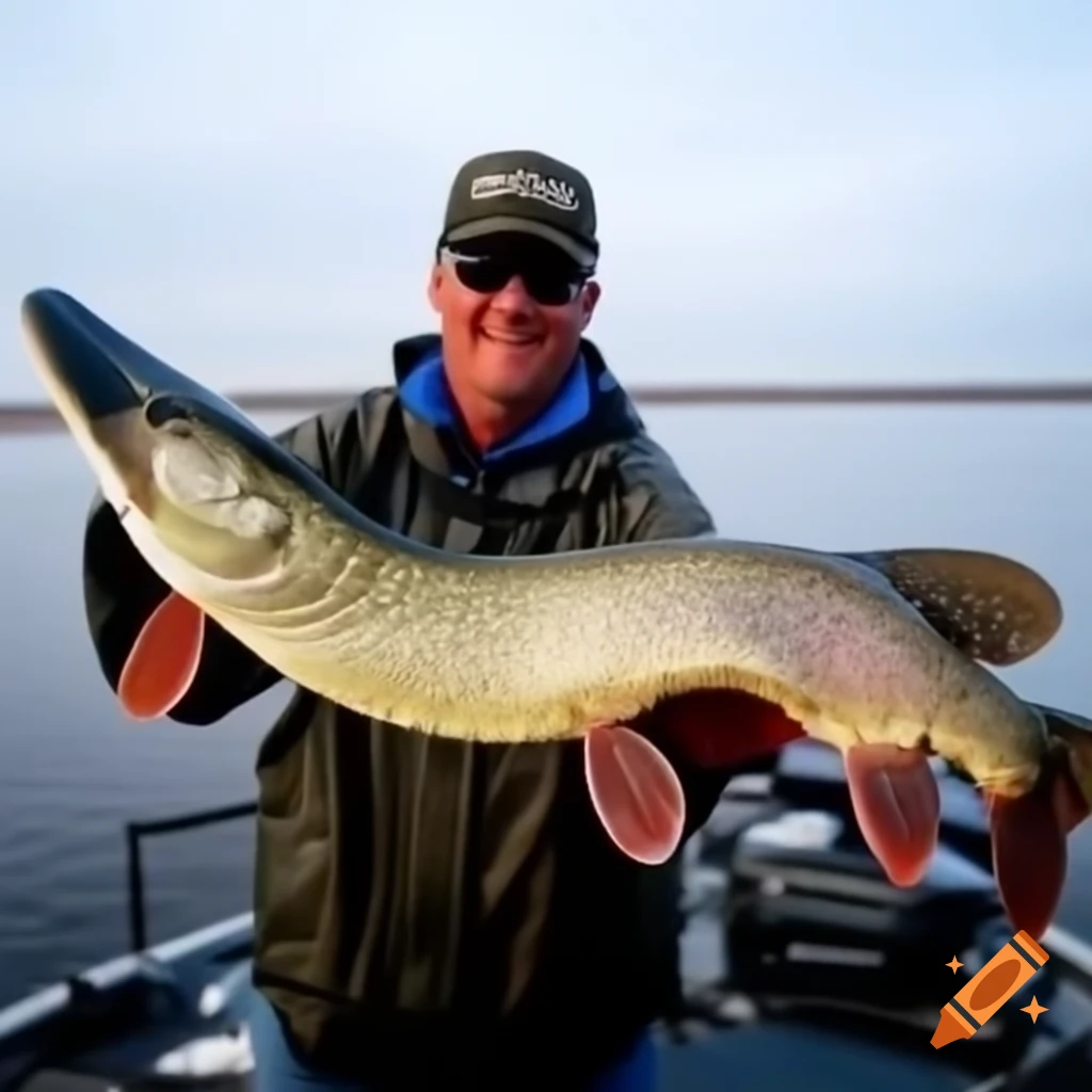 Man catching large pike fish on Craiyon