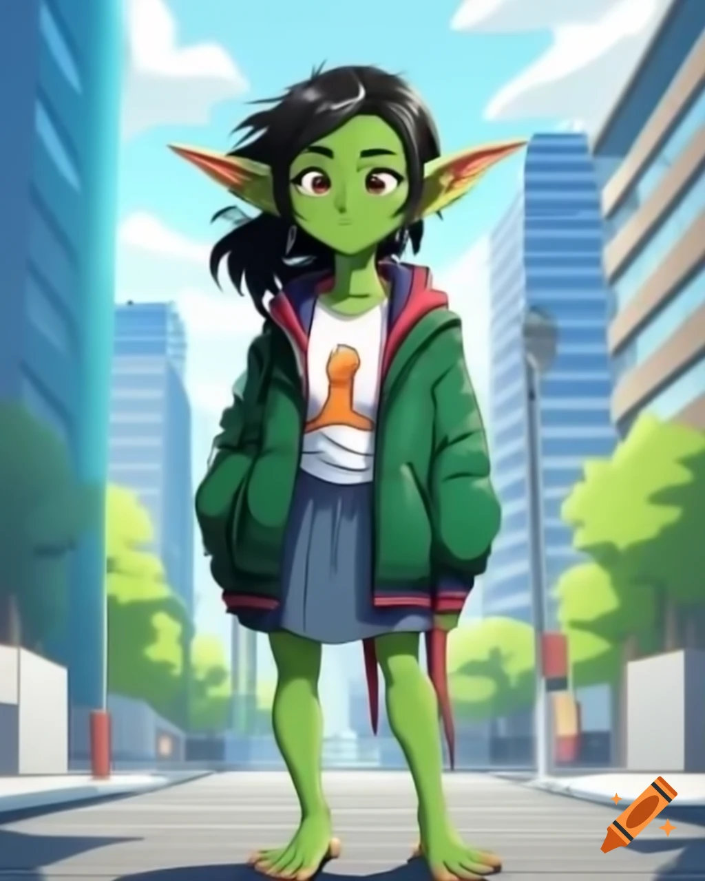 Anime depiction of barefoot green-skinned goblin girl in college jacket ...