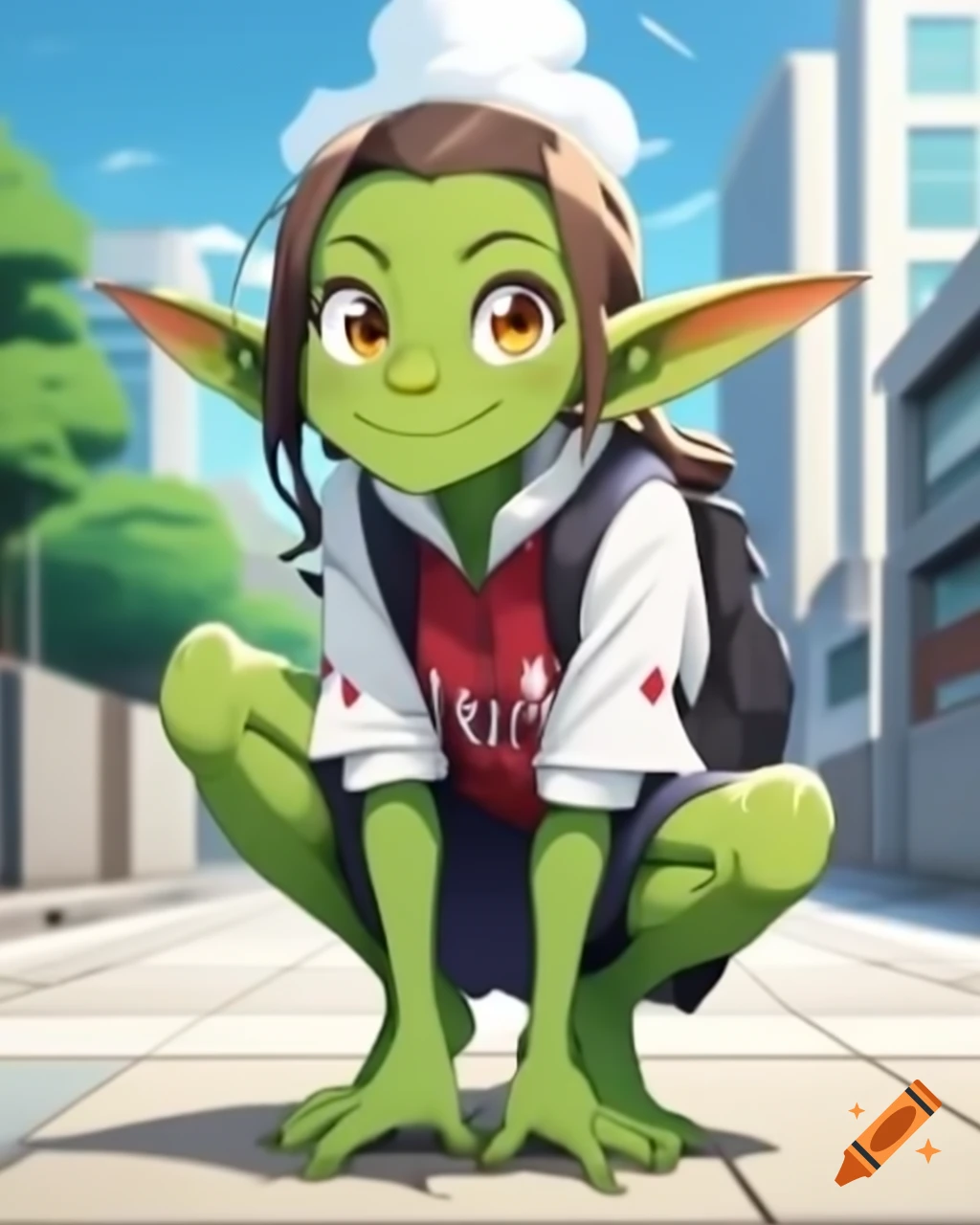 Barefoot green-skinned goblin girl in college jacket squatting in ...