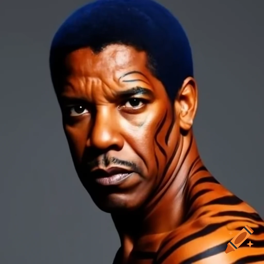 Muscular man with tiger-style makeup featuring blue hair and orange ...