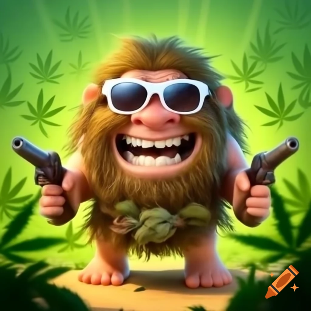 Smiling caveman with sunglasses and guns in a playful setting on Craiyon