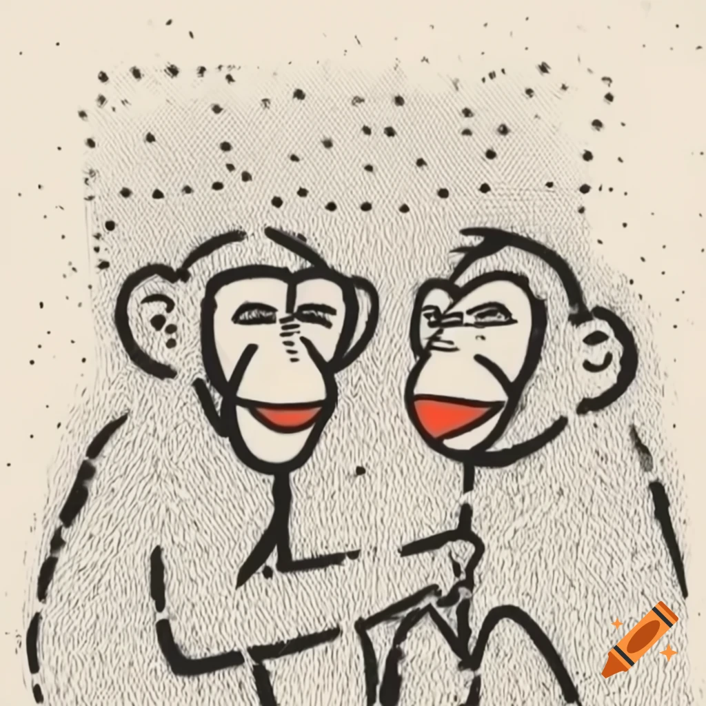 Abstract line drawing of two laughing monkeys in expressive style on ...