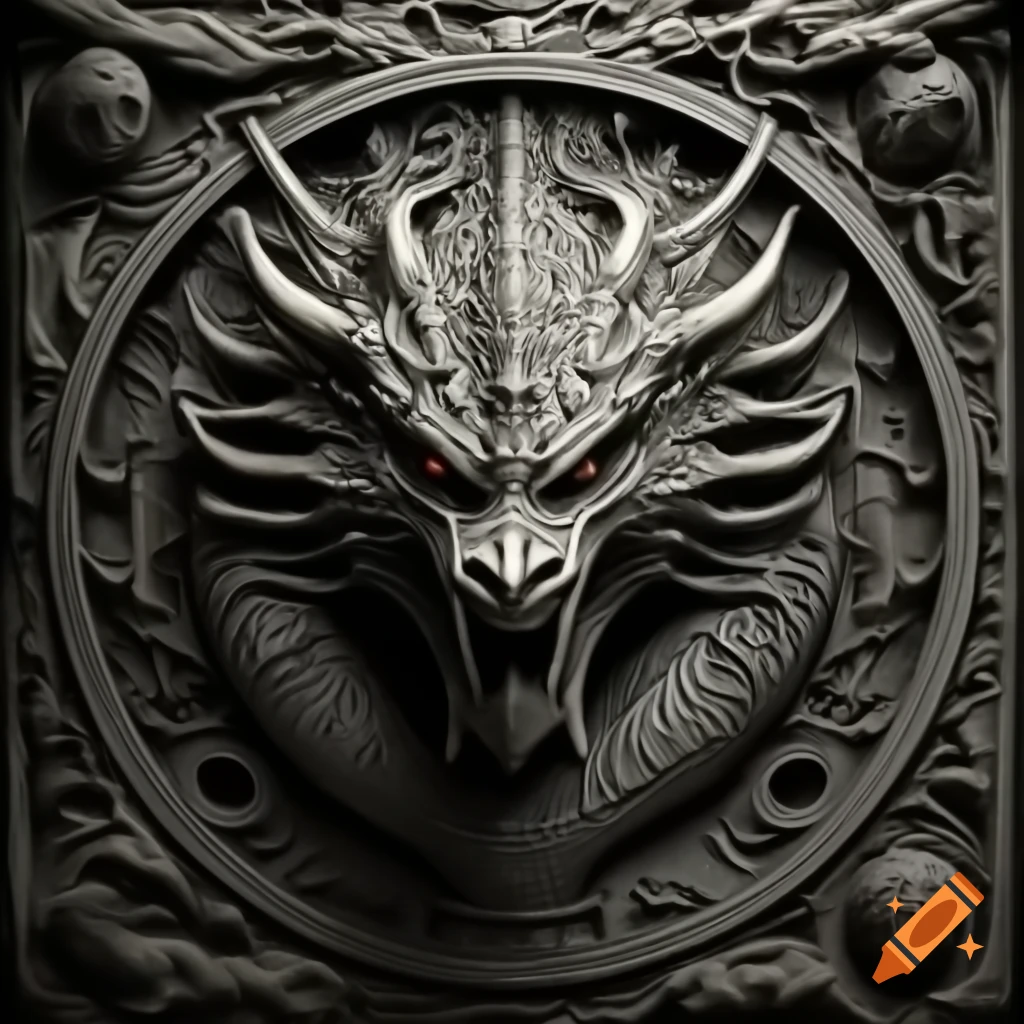 Detailed black and white bas relief of dragon with occult iconography ...