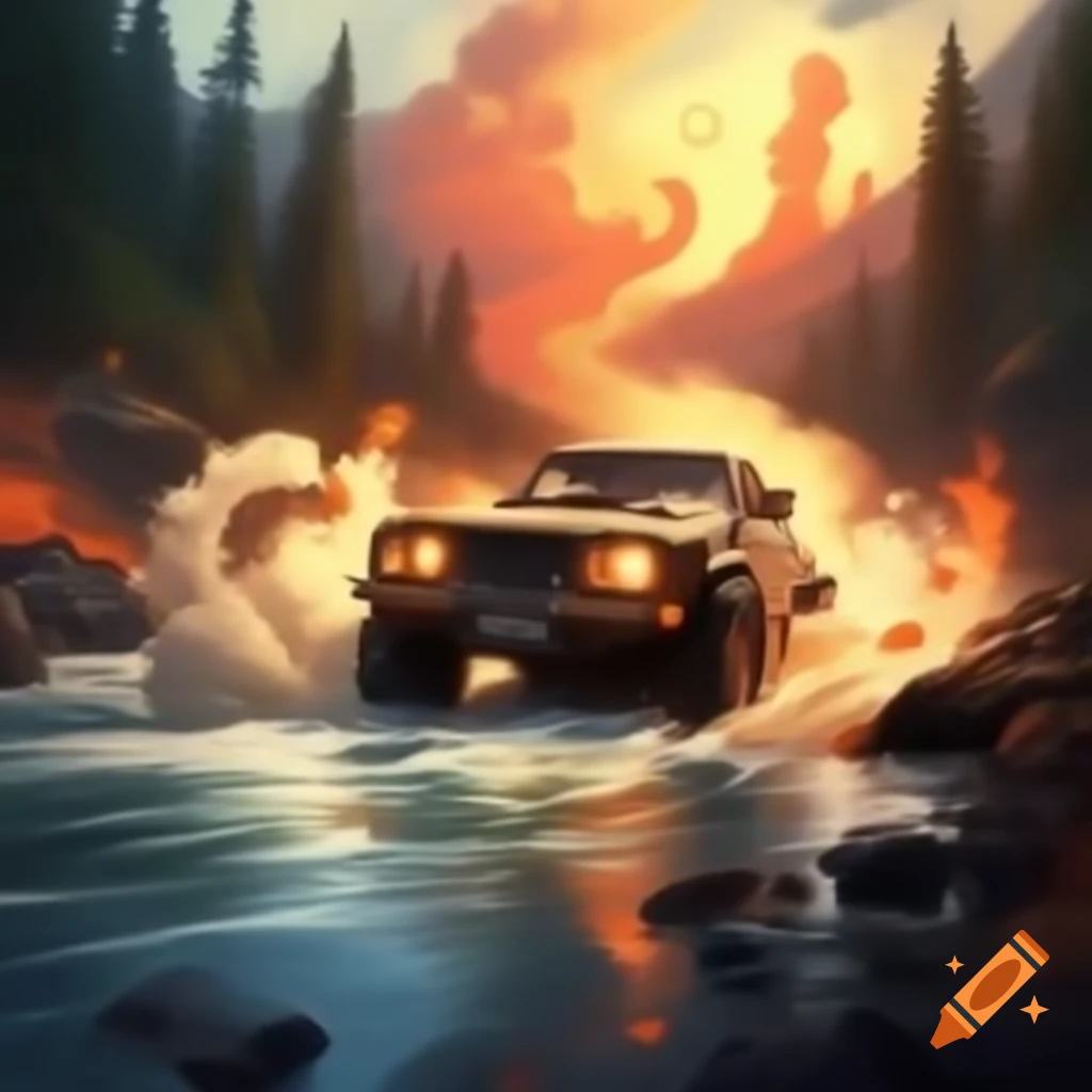 Four-wheel drive crossing a river with dust trails and flames in ...