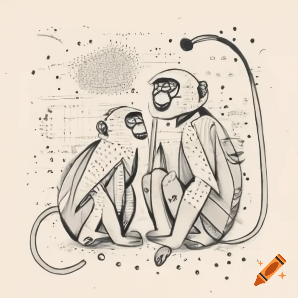 Abstract line drawing of two laughing monkeys in expressive style on ...