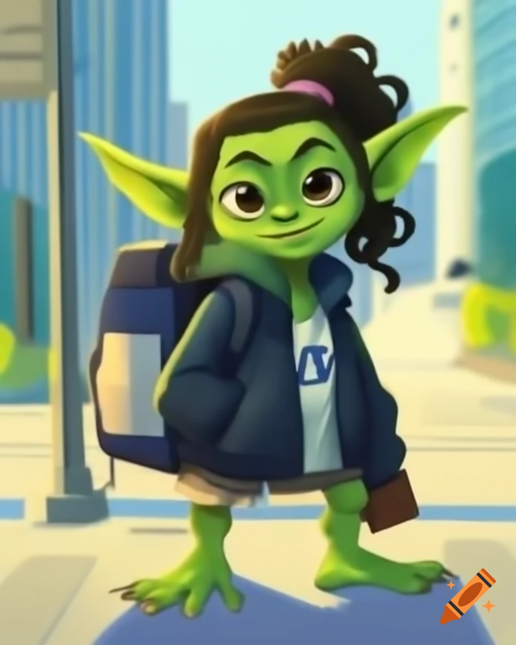Barefoot green-skinned goblin girl in college jacket in modern city ...