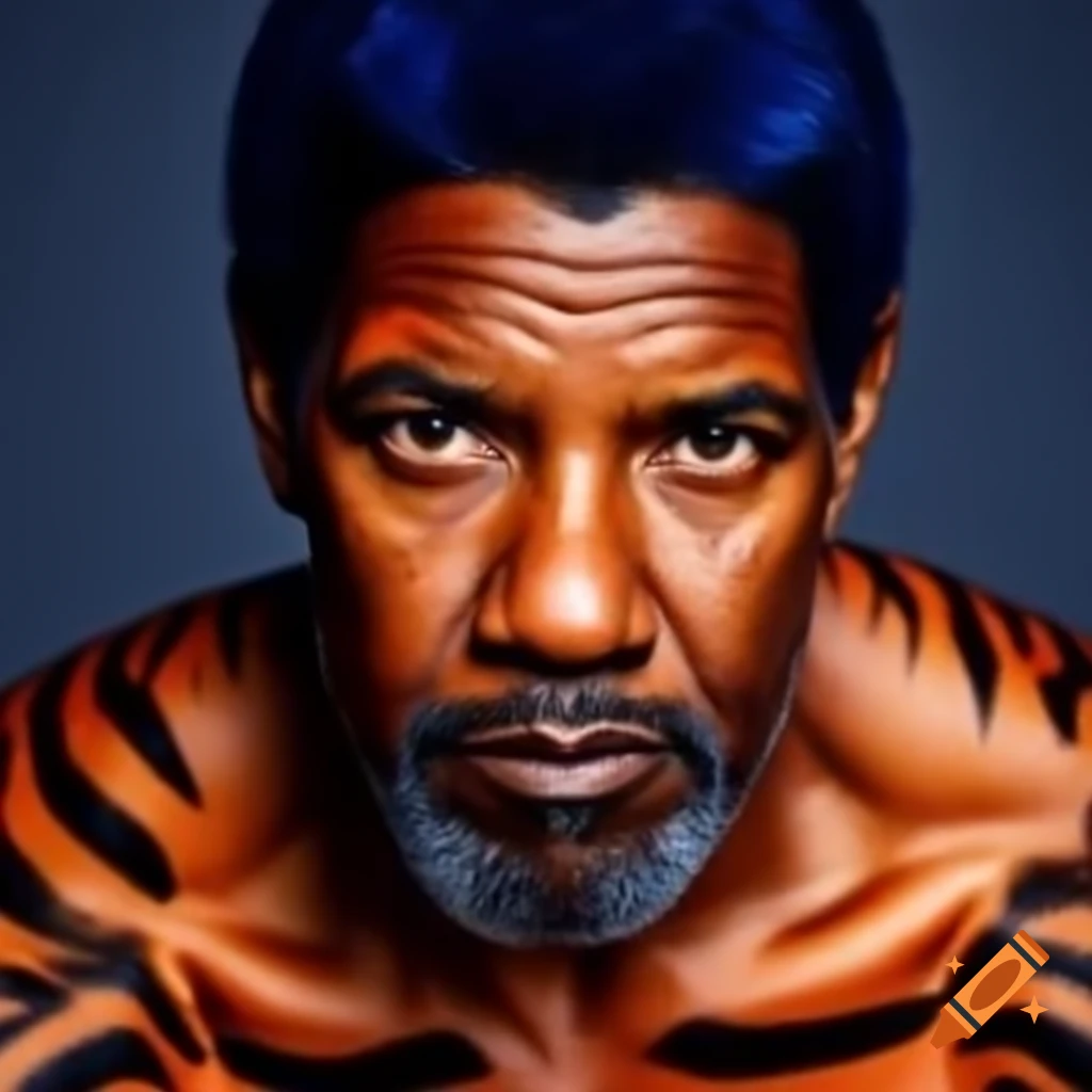 Muscular man resembling Denzel Washington with tiger-style makeup and colorful features on Craiyon