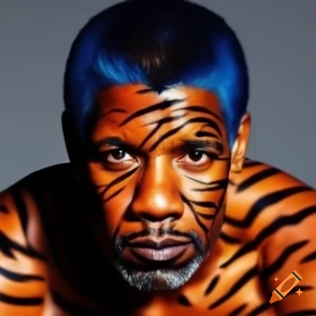 Muscular man with tiger makeup featuring blue hair and orange skin on ...