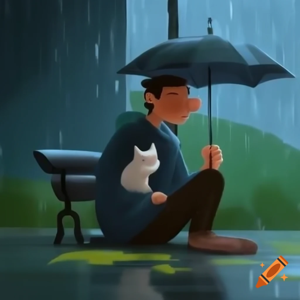 Sad man sitting with kitten outside in rain and wind on Craiyon