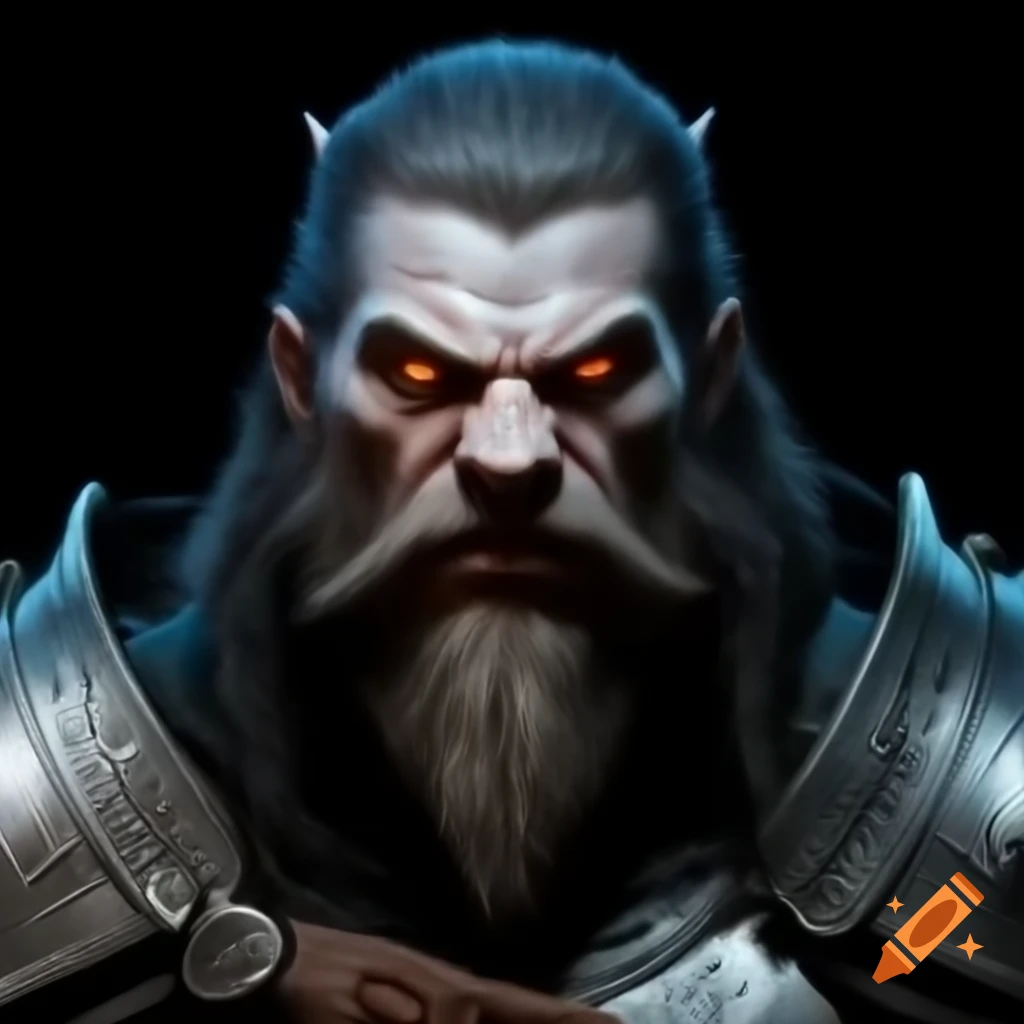 Bear-school witcher in silver armor with long beard and glowing eyes on ...