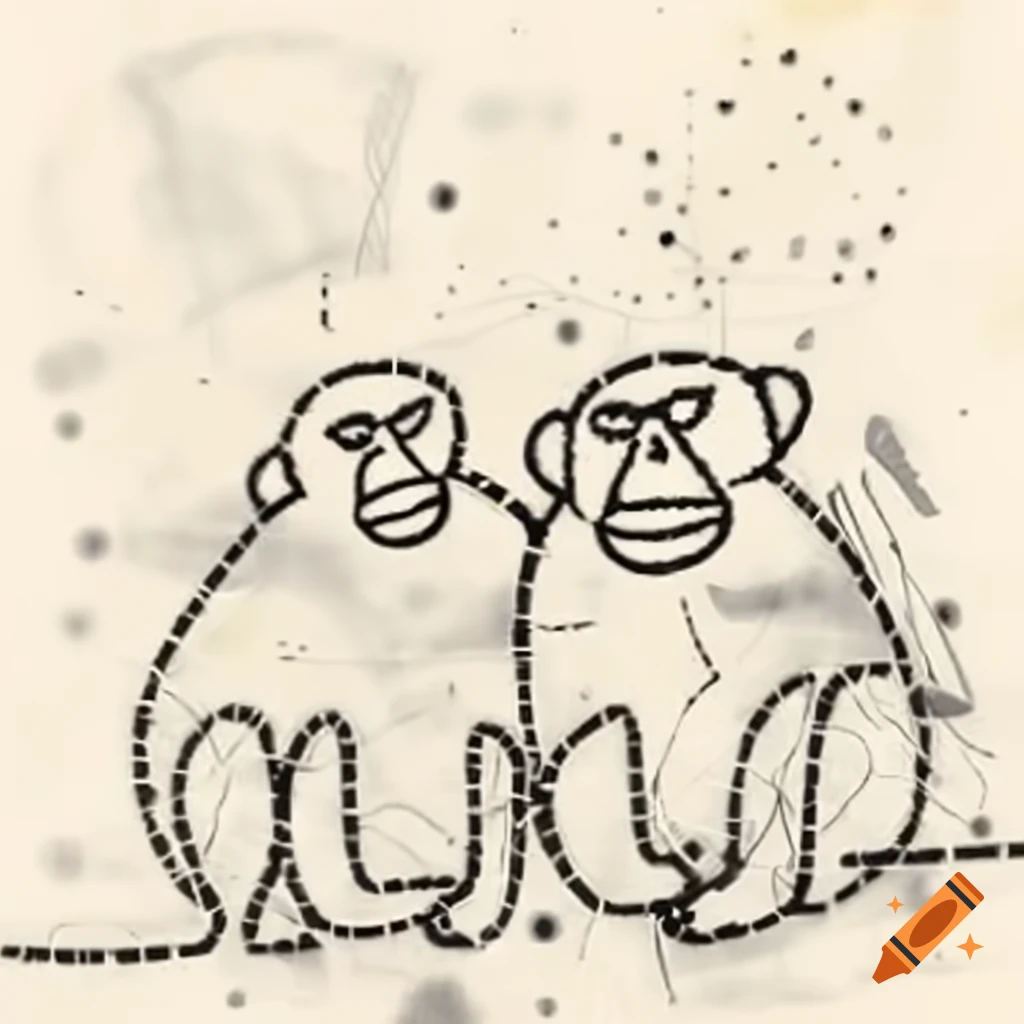 Abstract line drawing of two laughing monkeys in Mondrian and Pollock ...