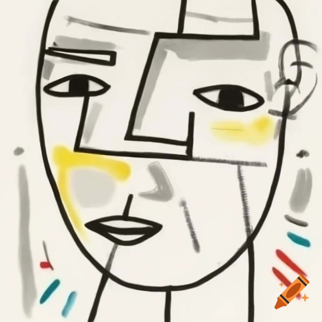 Abstract expressionist line drawing of a laughing face with geometric ...