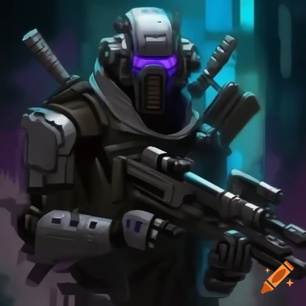 Futuristic ninja humanoid robot armed with weapons in black, blue, and ...