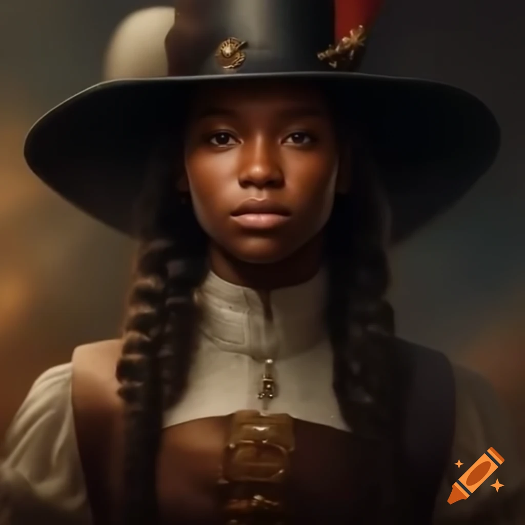 Female African-American pilgrim captain wearing a hat on Craiyon