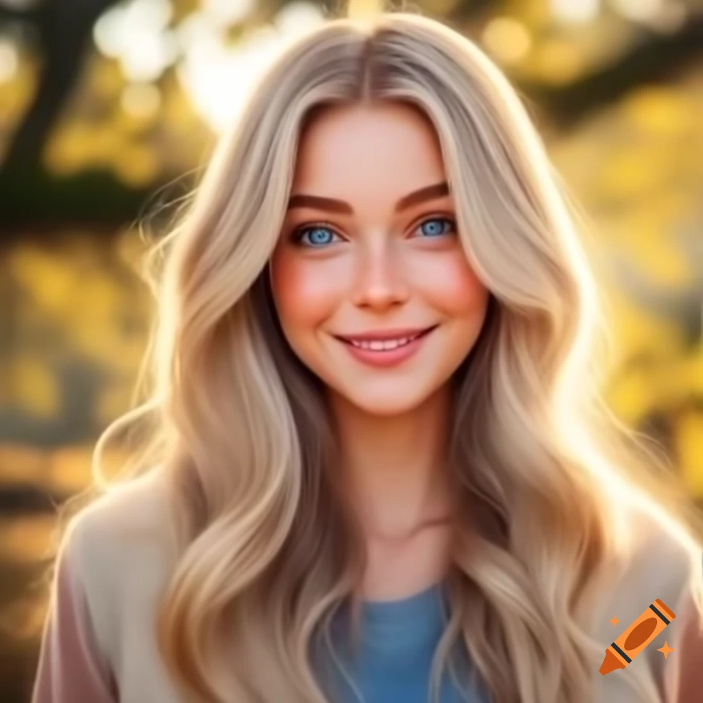 Beautiful woman with long wavy blonde hair and blue eyes standing outdoors among trees on Craiyon