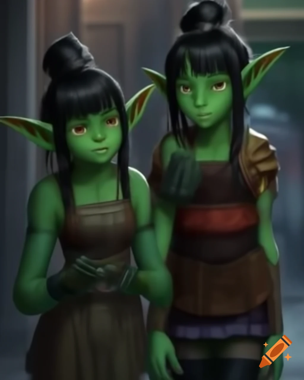 Two green-skinned goblin girls in city, one in traditional dress, the ...