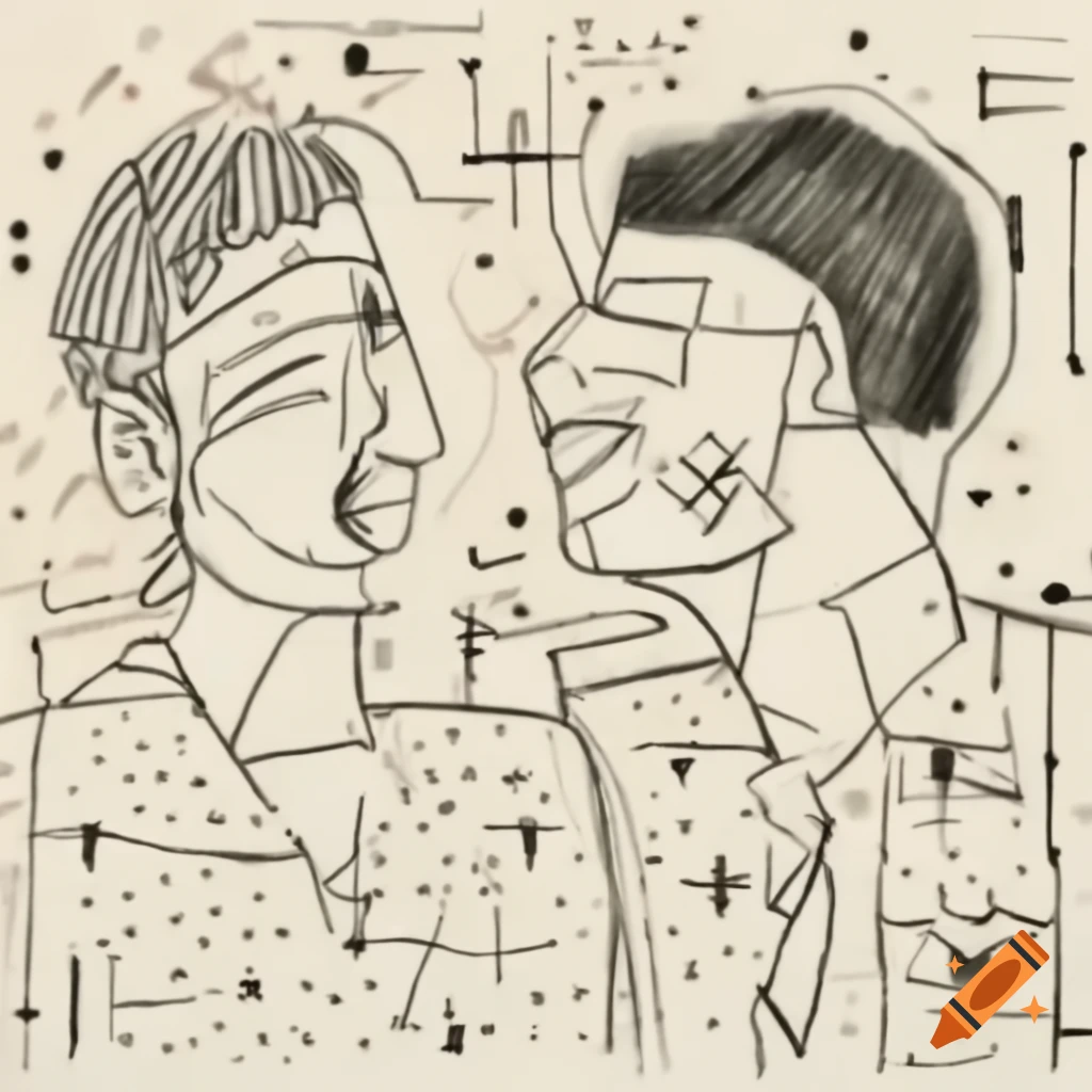 Abstract line drawing of two laughing profiles in Mondrian and Pollock ...