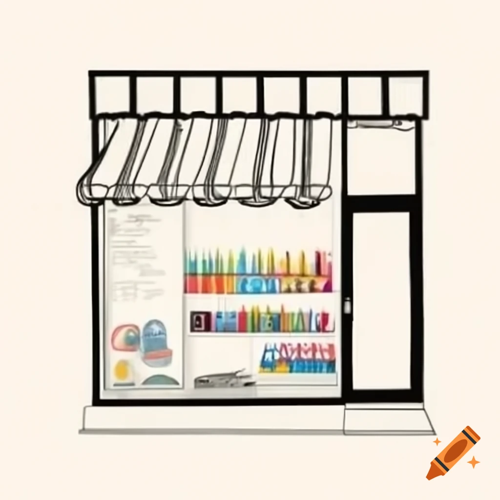 Minimal black and white drawing of Iranian stationery shop window with ...