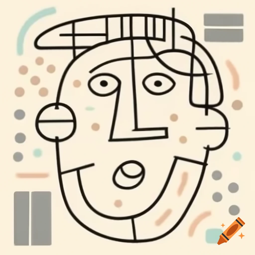 Abstract line drawing of a laughing face in cubism and expressionism ...