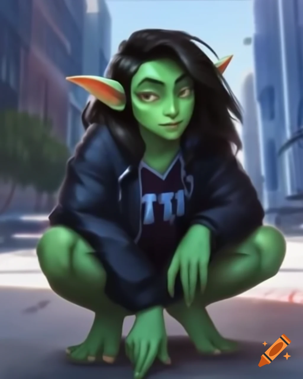 Barefoot green-skinned goblin girl in college jacket squatting in ...