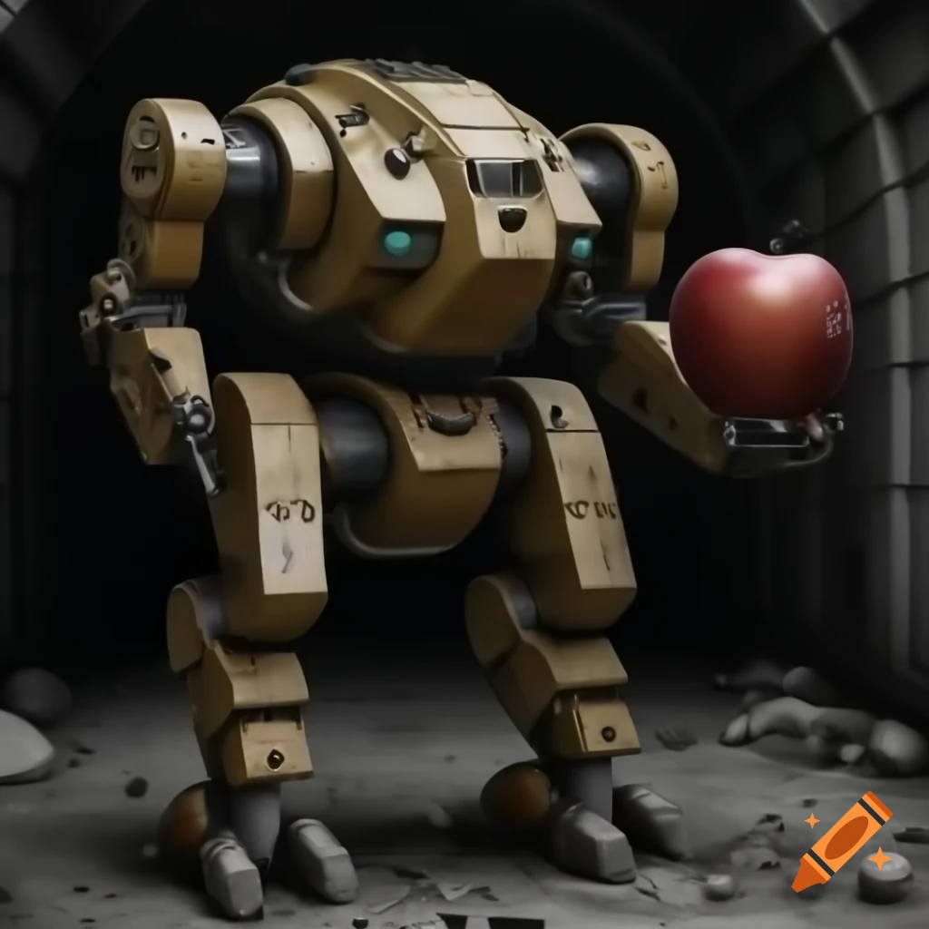 Apple-themed battle mech abandoned in bunker, featuring apple head and ...