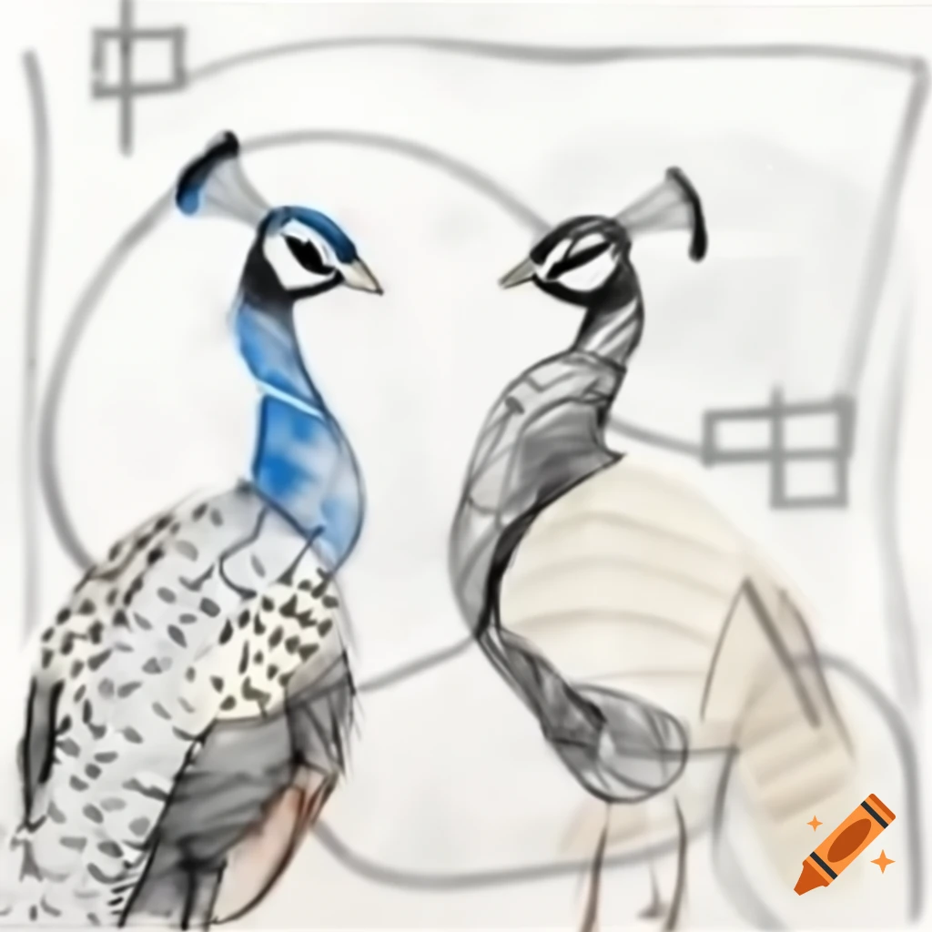 Abstract line drawing of two peacocks laughing in Mondrian and Pollock ...