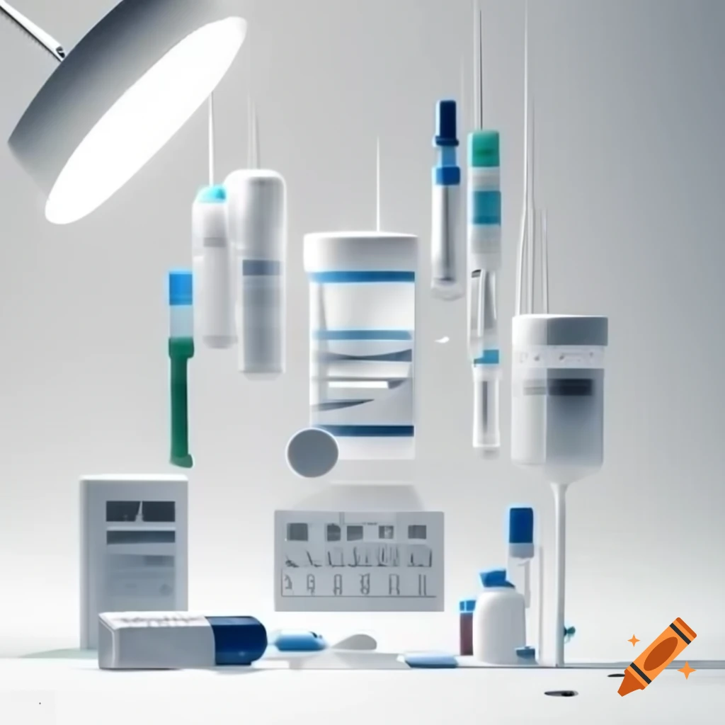 3D model of diagnostic medical equipment with gloves and pills ...