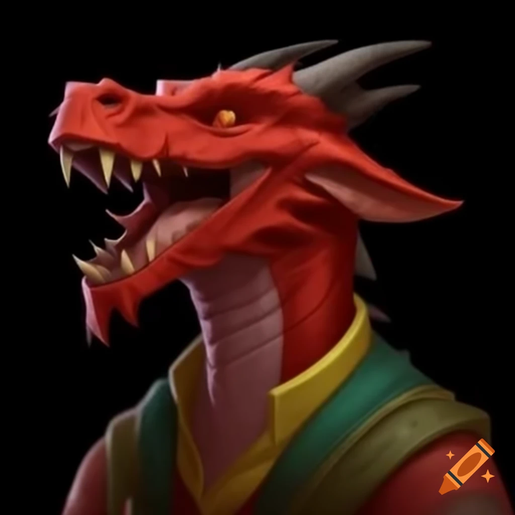 Slim red dragonborn character in entertainer's attire on Craiyon