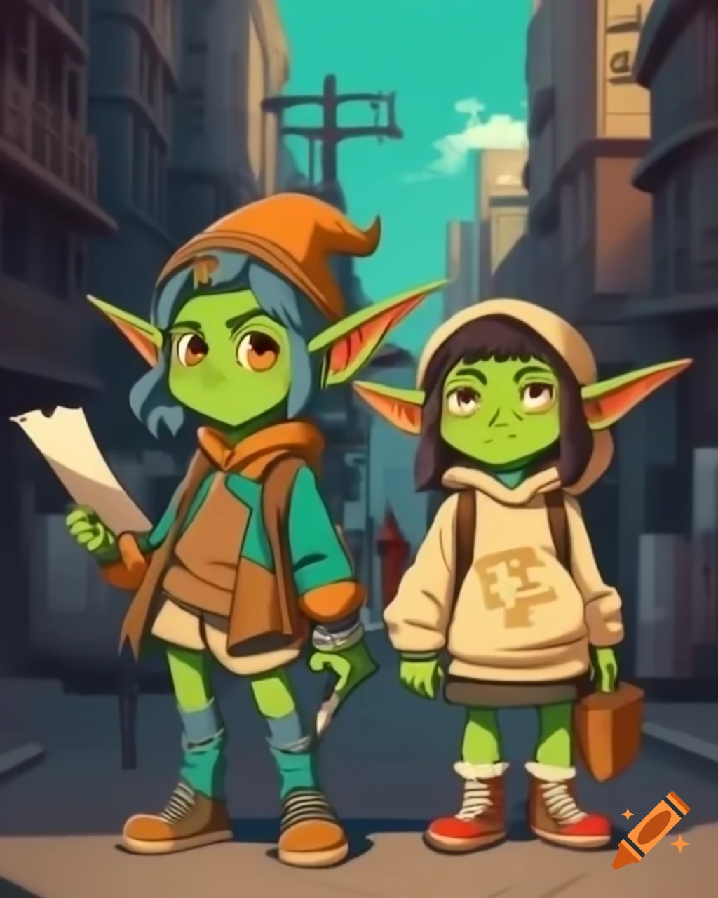 Two green-skinned goblin girls, one villainous and one heroic, meeting ...