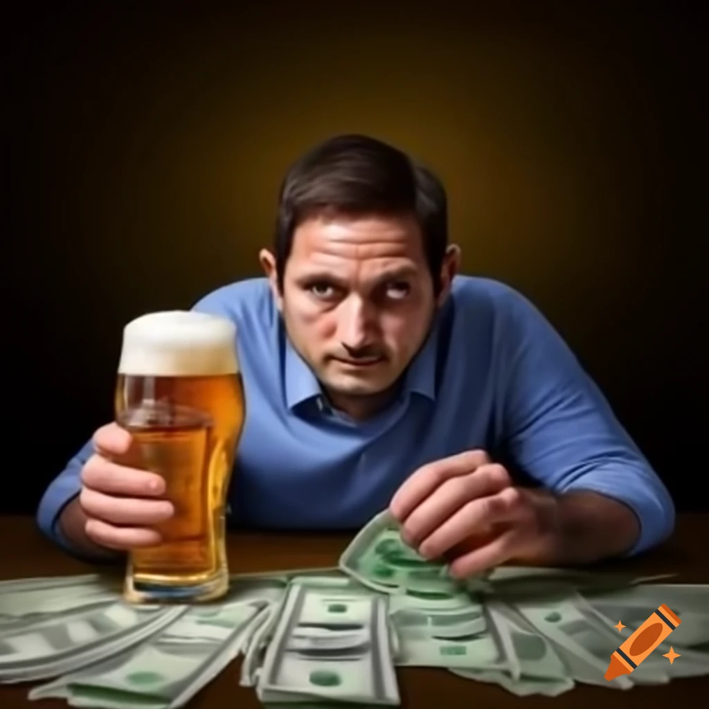 Sad man with empty beer glass, reflecting on financial struggles on Craiyon