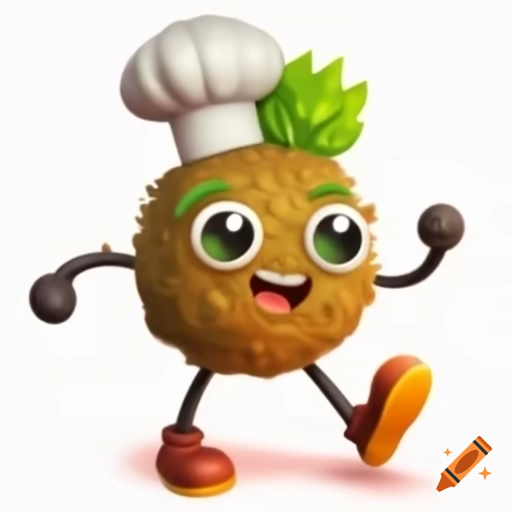 Cartoon character of a small falafel ball with playful face and limbs ...