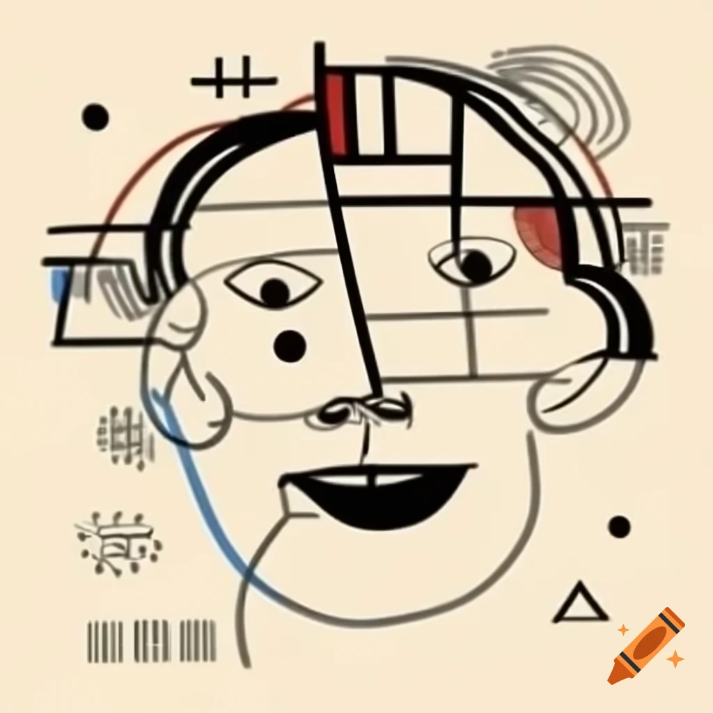 Abstract expressionist line drawing of a laughing face with geometric ...