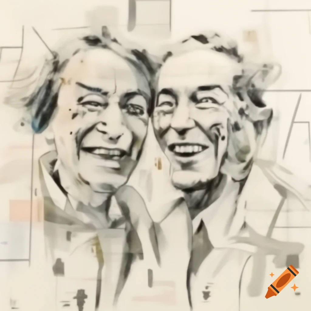 Abstract line drawing of two laughing figures with peacock tails in ...