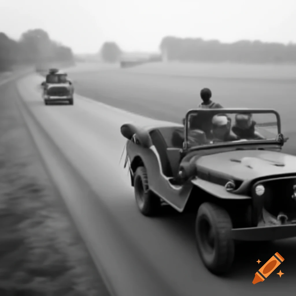 Black and white film noir scene with colorful streaks passing military ...