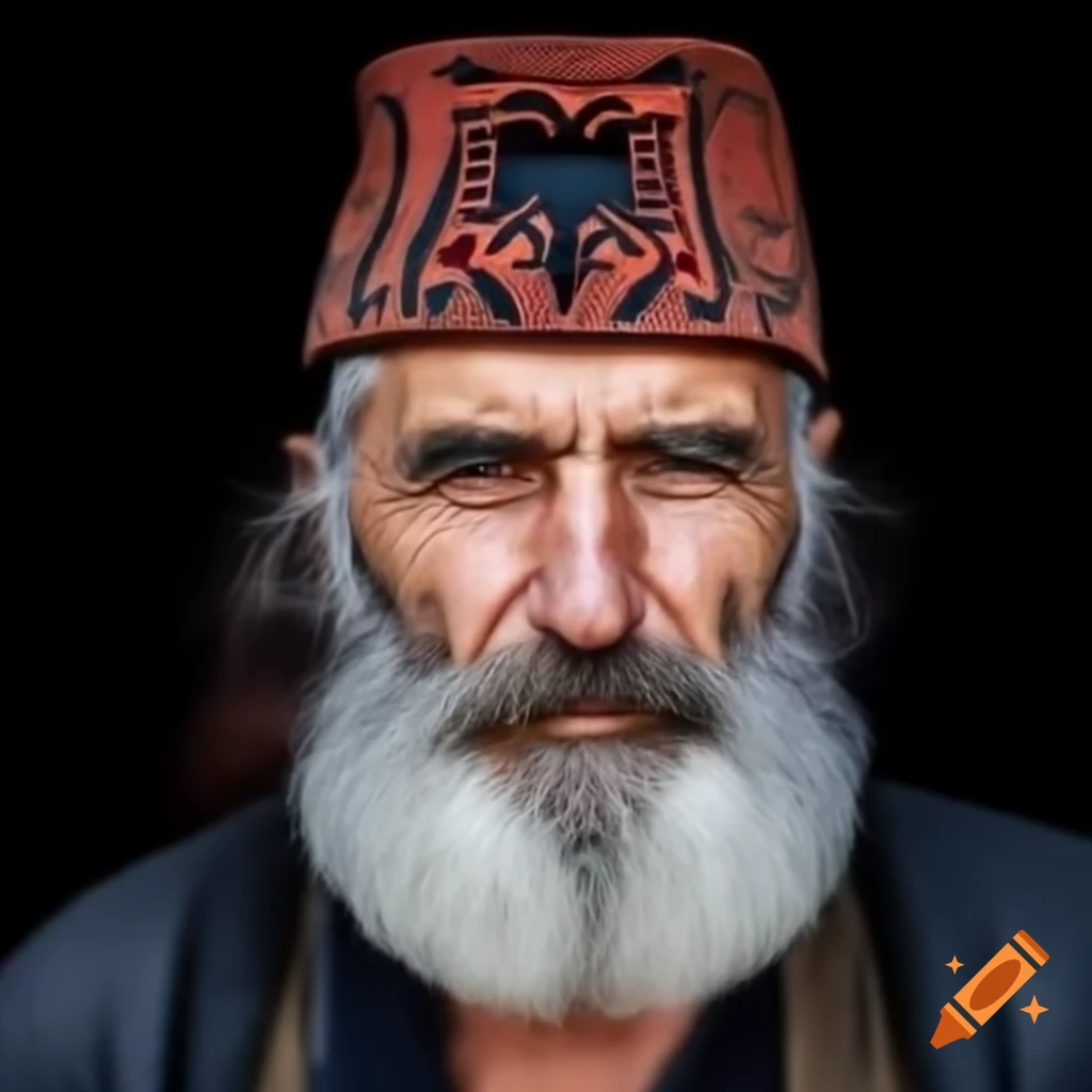 Heroic bearded man wearing traditional Albanian Qeleshe hat on Craiyon