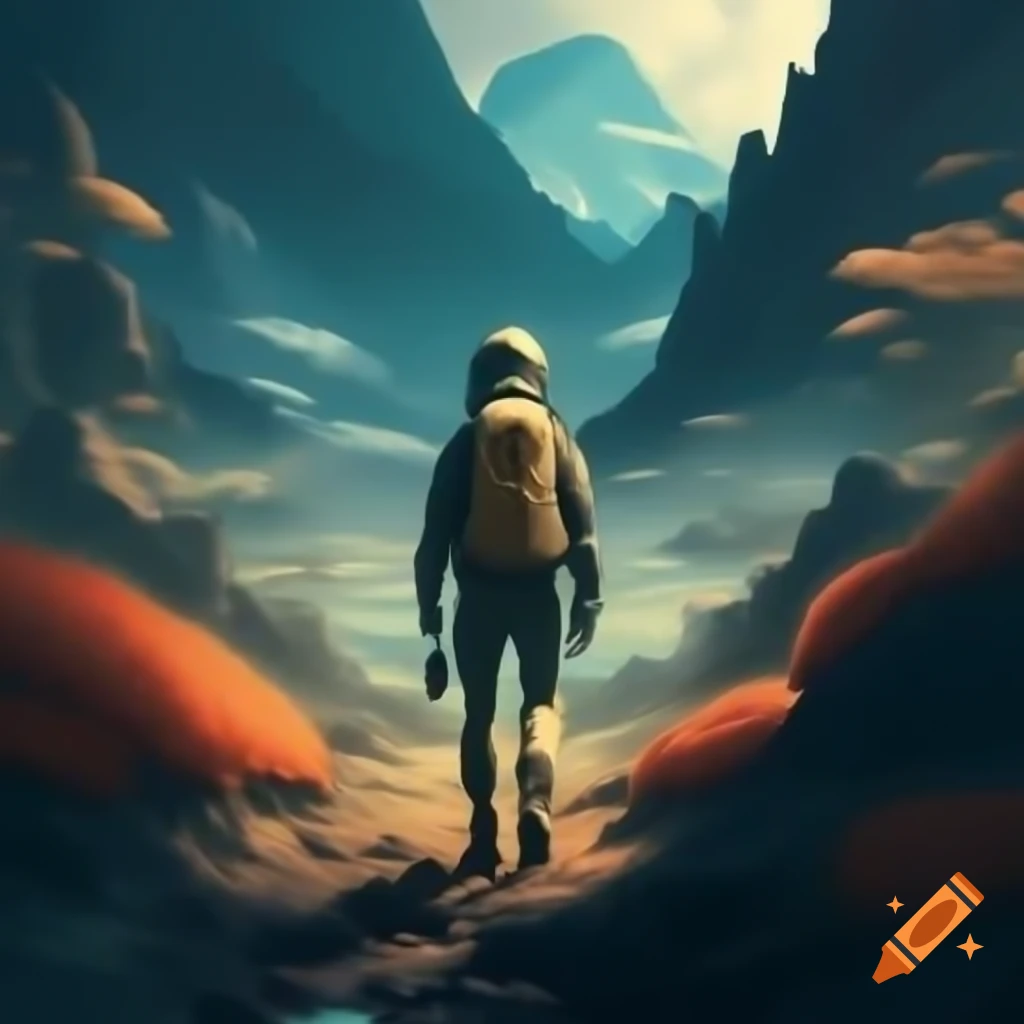 Explorer in futuristic nanosuit in endless procedurally generated wilderness with shifting ...