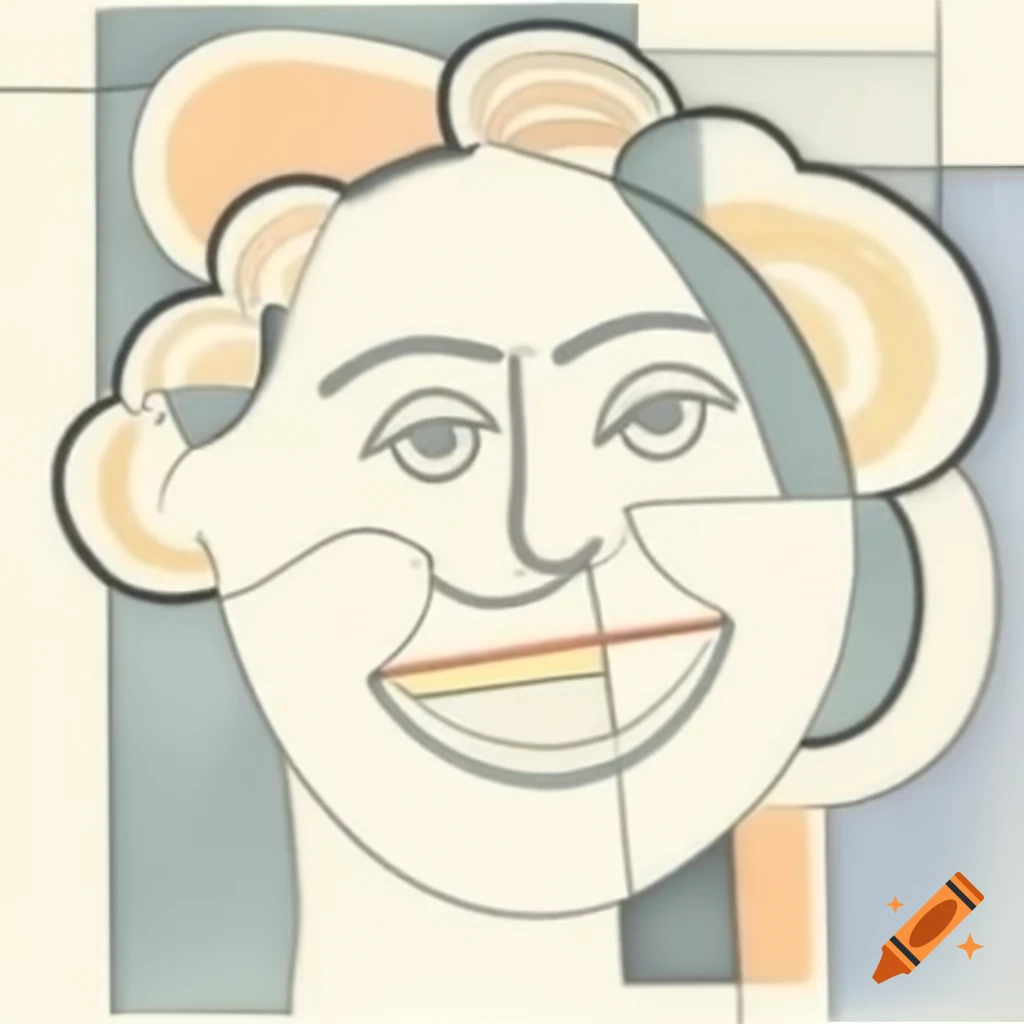 Abstract line drawing of a laughing face in mixed artistic styles on ...