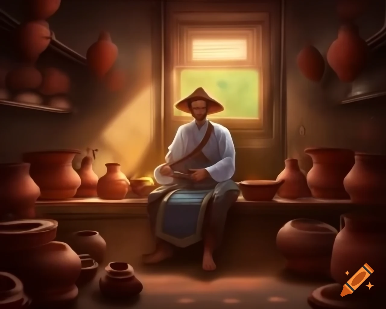 Artisan in Southeast Asian pottery workshop with clay vessels and ...