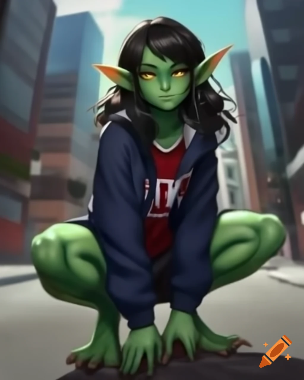 Barefoot green-skinned goblin girl in college jacket squatting in ...
