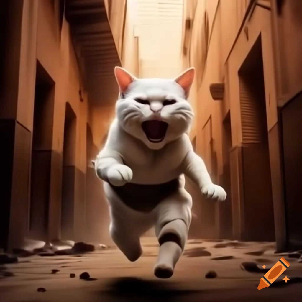 Anthropomorphic white cat in torn clothes fleeing down narrow Moroccan ...