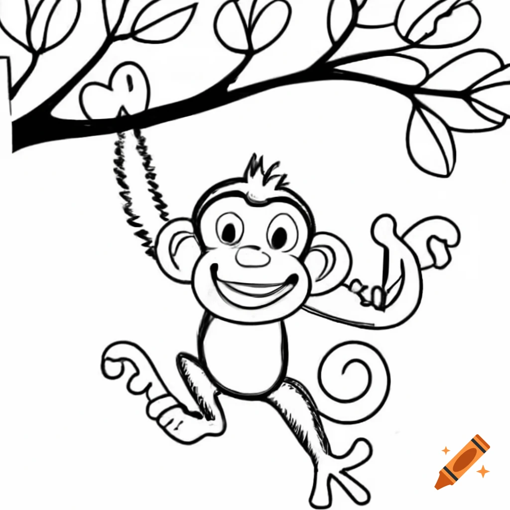 Funny monkey hanging from tree branch, cartoon style coloring page on ...